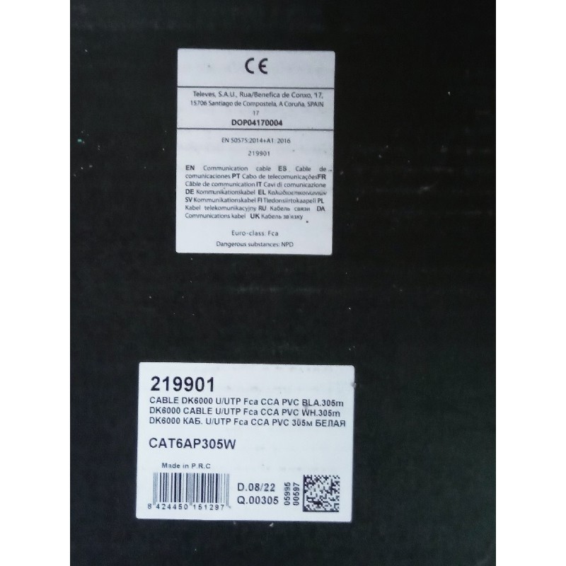 CAP6AP305W CABLE UTP CAT. 6 WHITE TELEVES THE METRO